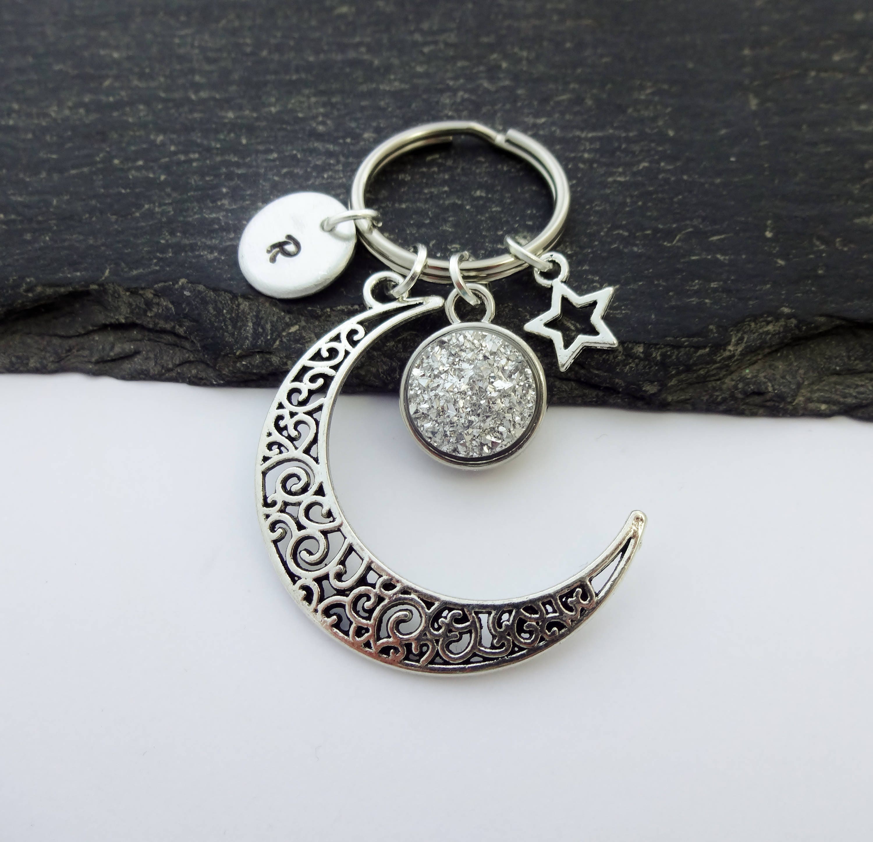 Moon Keychain Star Keyring Crescent Moon Initial Keyring - Etsy Sweden