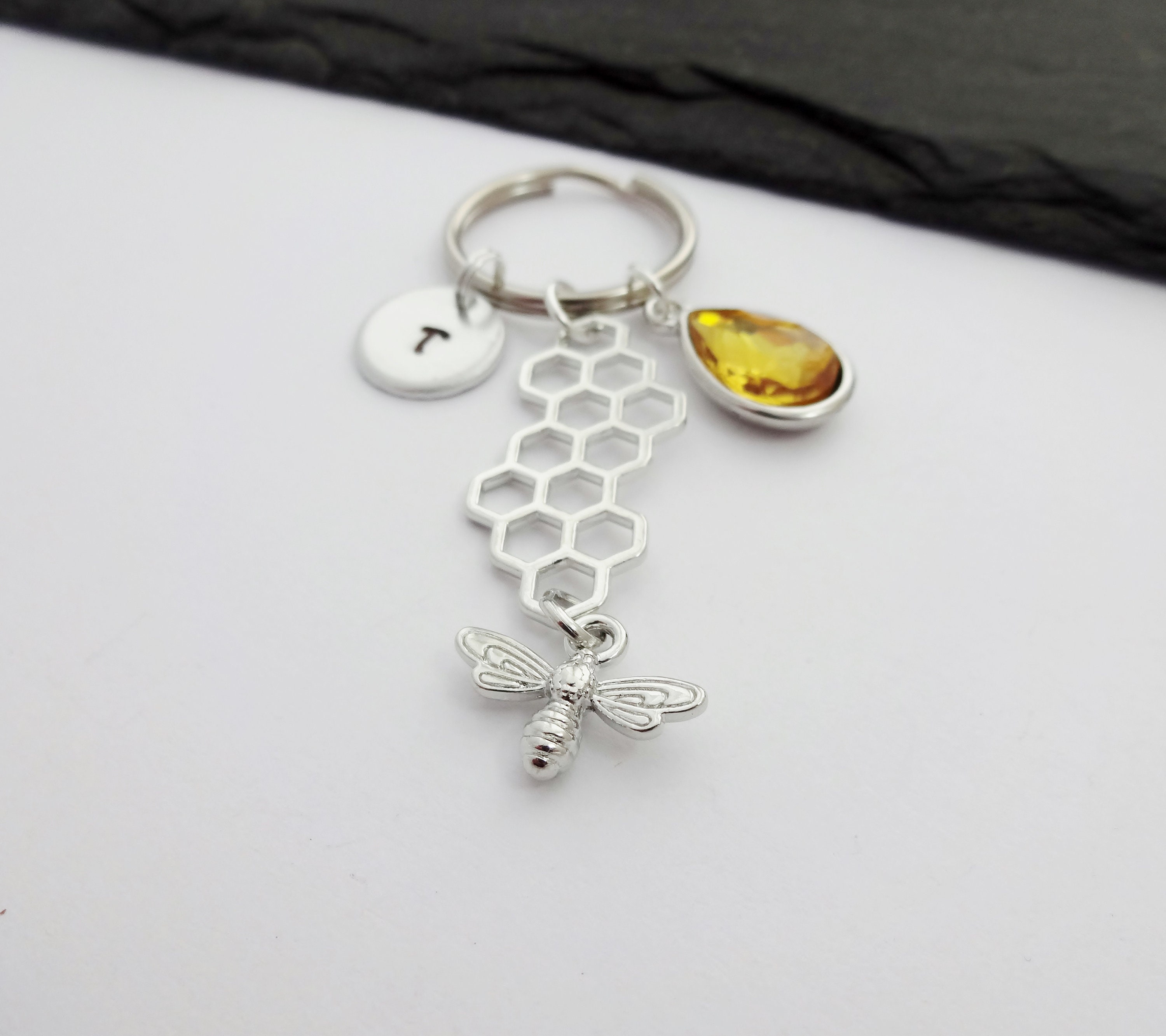 Honeycomb Keychain, Bee Keyring, Initial Keyring, Bee Gift ...