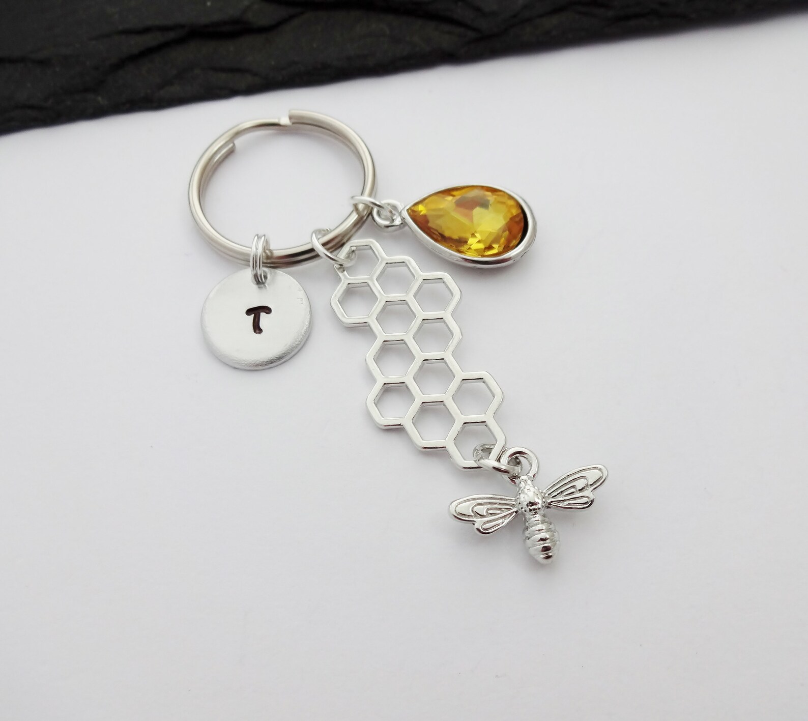 Honeycomb Keychain, Bee Keyring, Initial Keyring, Bee Gift ...