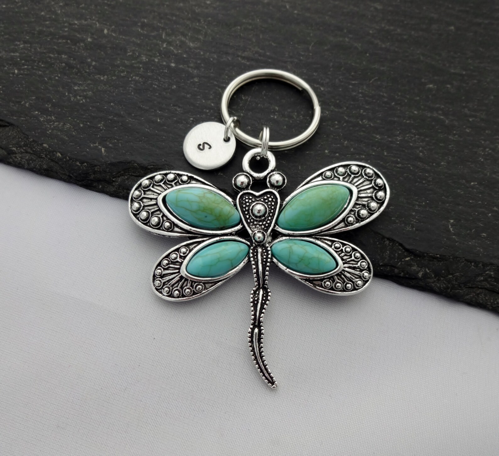 Dragonfly Keyring Initial Dragonfly Keyring Hand Stamped | Etsy