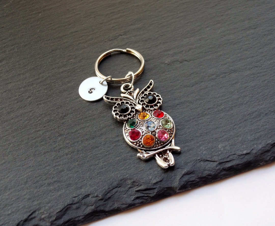 Owl Keyring, Hand Stamped Keyring, Initial Owl Keyring, Animal Keyring ...
