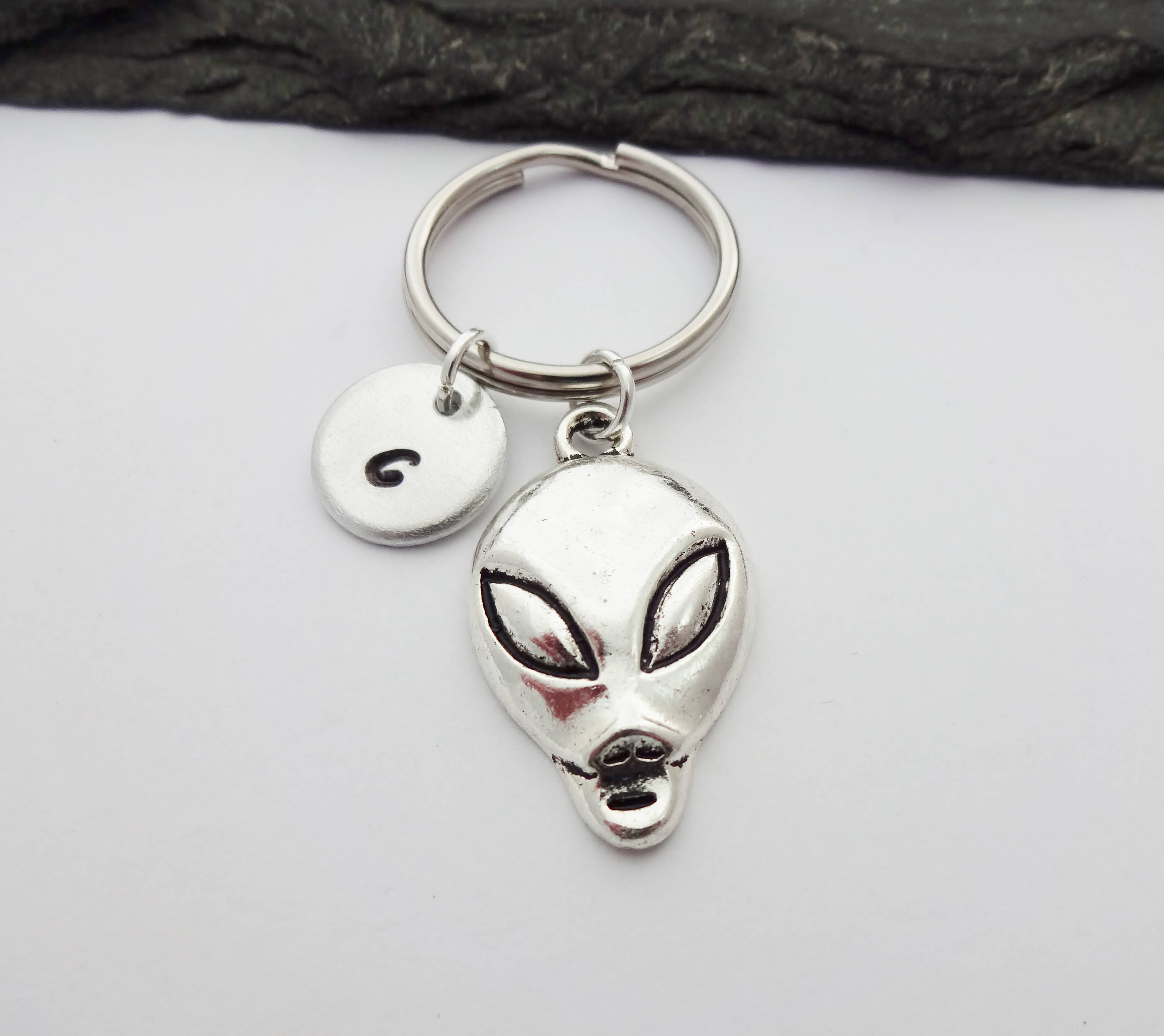 Alien Keychain Initial Keyring Hand Stamped Space Gift | Etsy