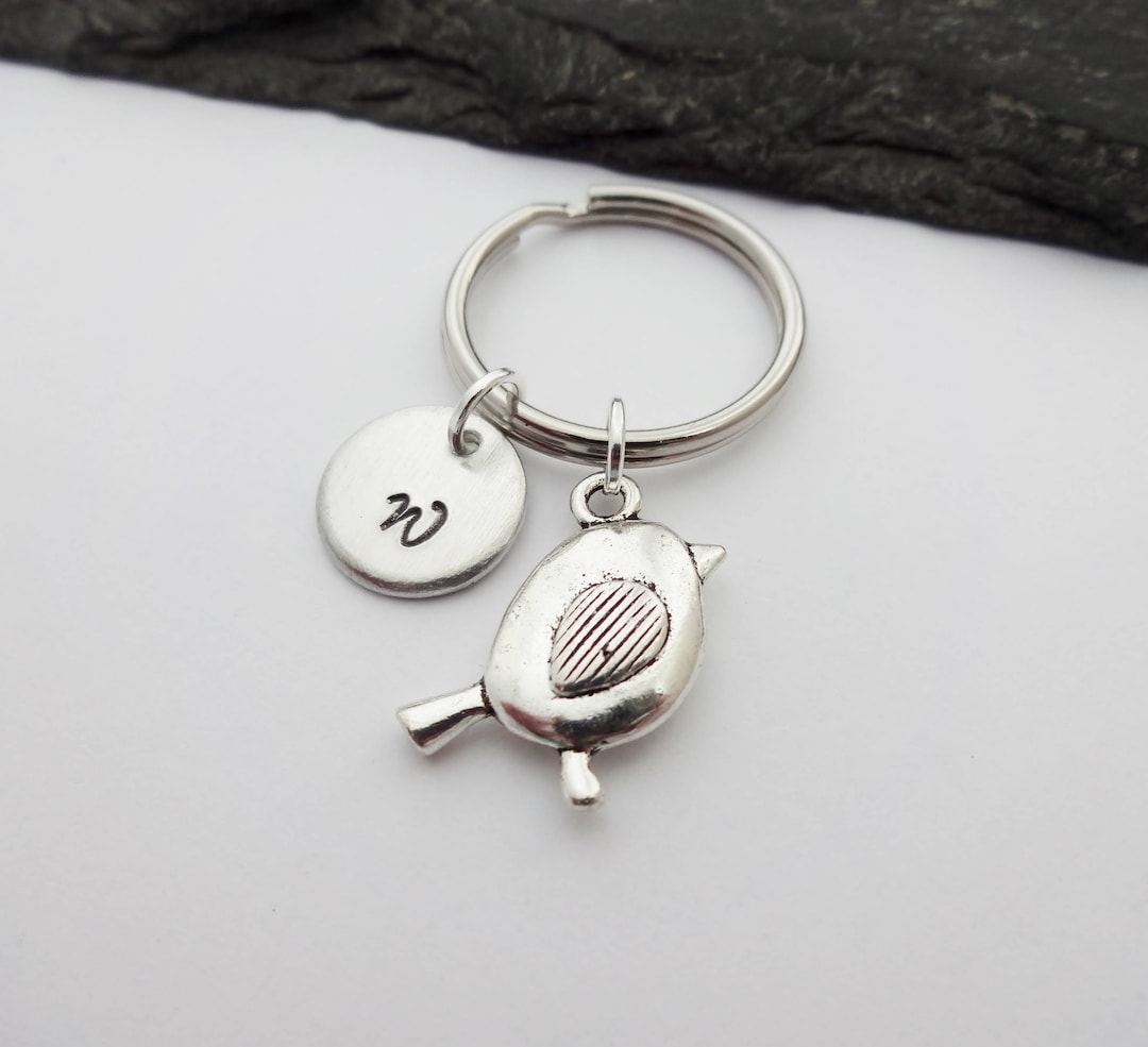Bird Keyring, Hand Stamped Keyring, Robin Keyring, Initial Keychain ...