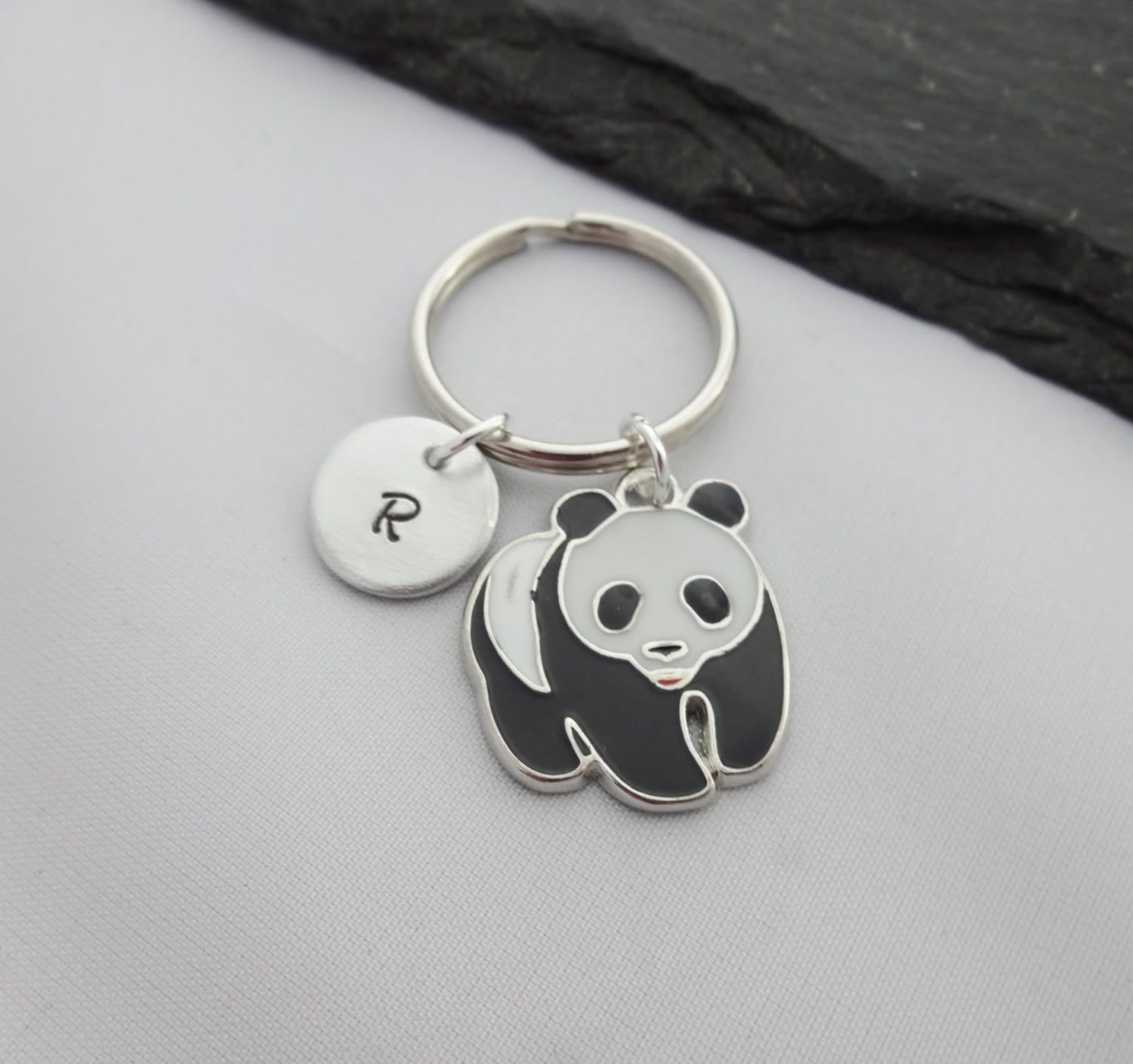 Panda Keychain Panda Keyring Initial Keyring Hand Stamped | Etsy