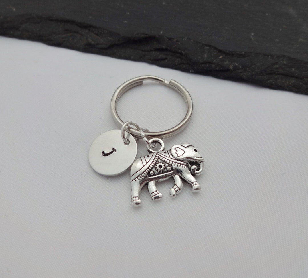 Elephant Charm Keyring, Initial Elephant Keyring, Hand Stamped Keyring ...