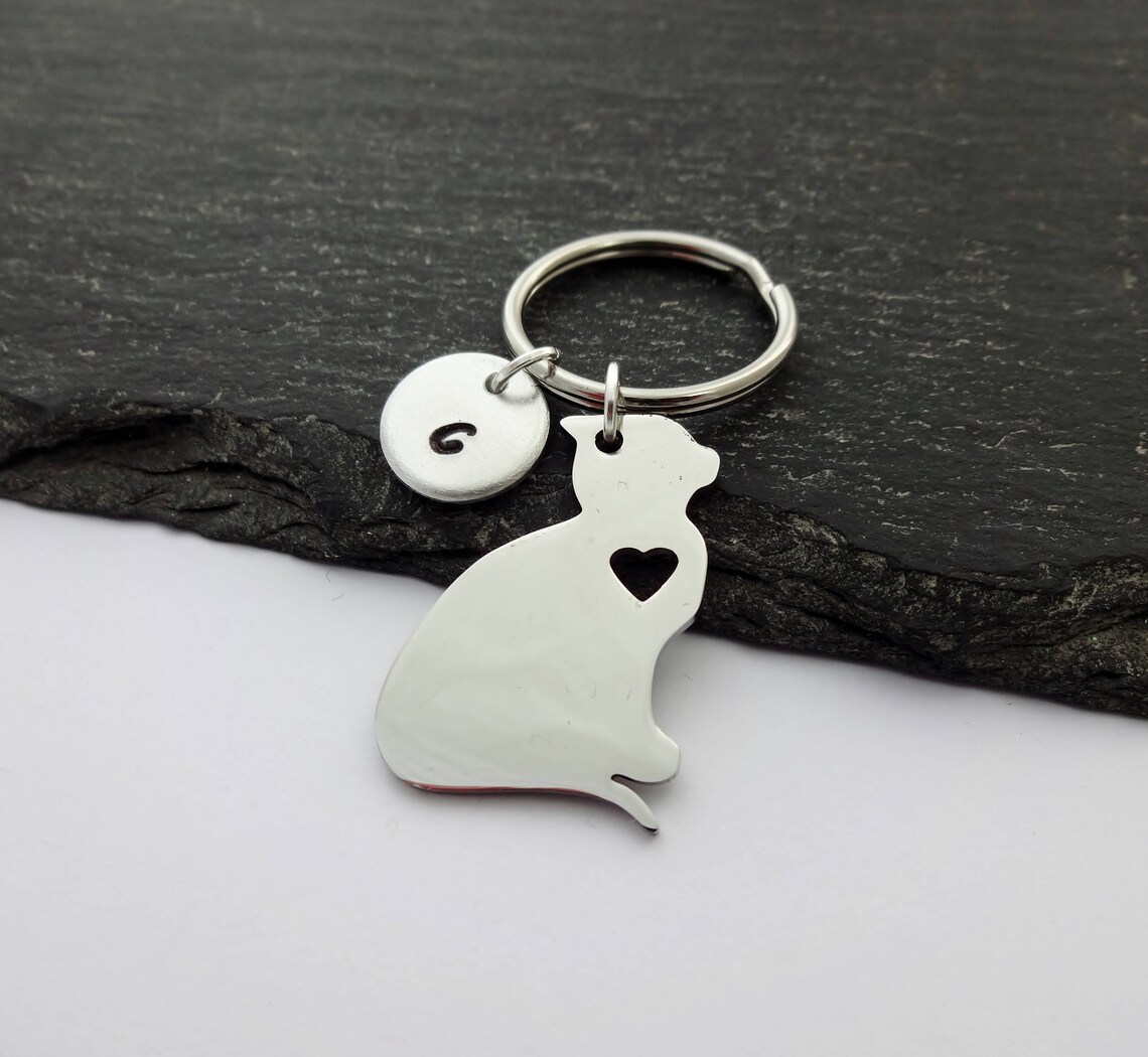 Cat Keyring Initial Keyring Hand Stamped Keyring Pet | Etsy