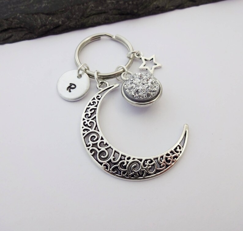 Moon Keychain Star Keyring Crescent Moon Initial Keyring - Etsy