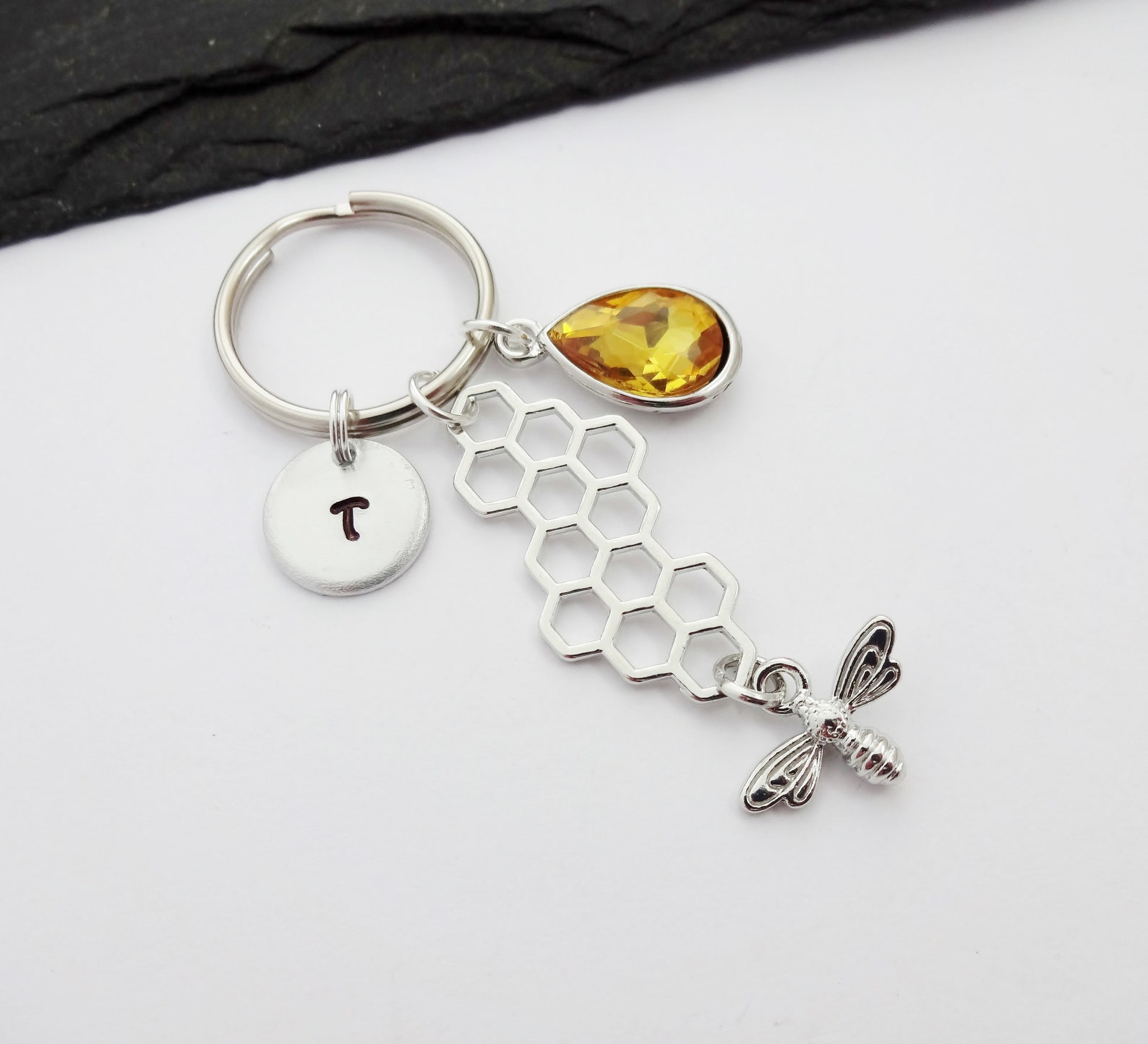 Honeycomb Keychain, Bee Keyring, Initial Keyring, Bee Gift ...