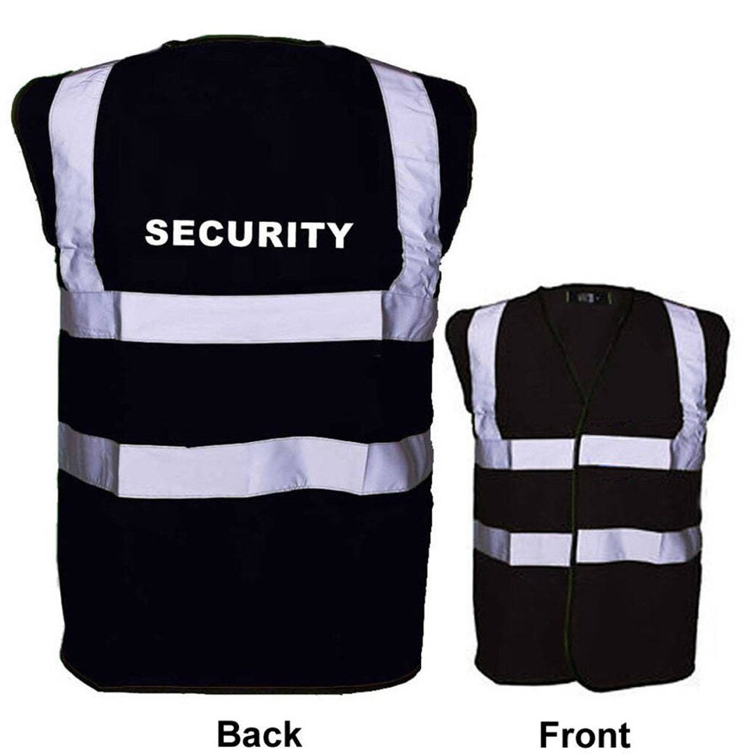 SECURITY Vests Hi Visibility Black Viz Vests Reflective Tape Back Print ...