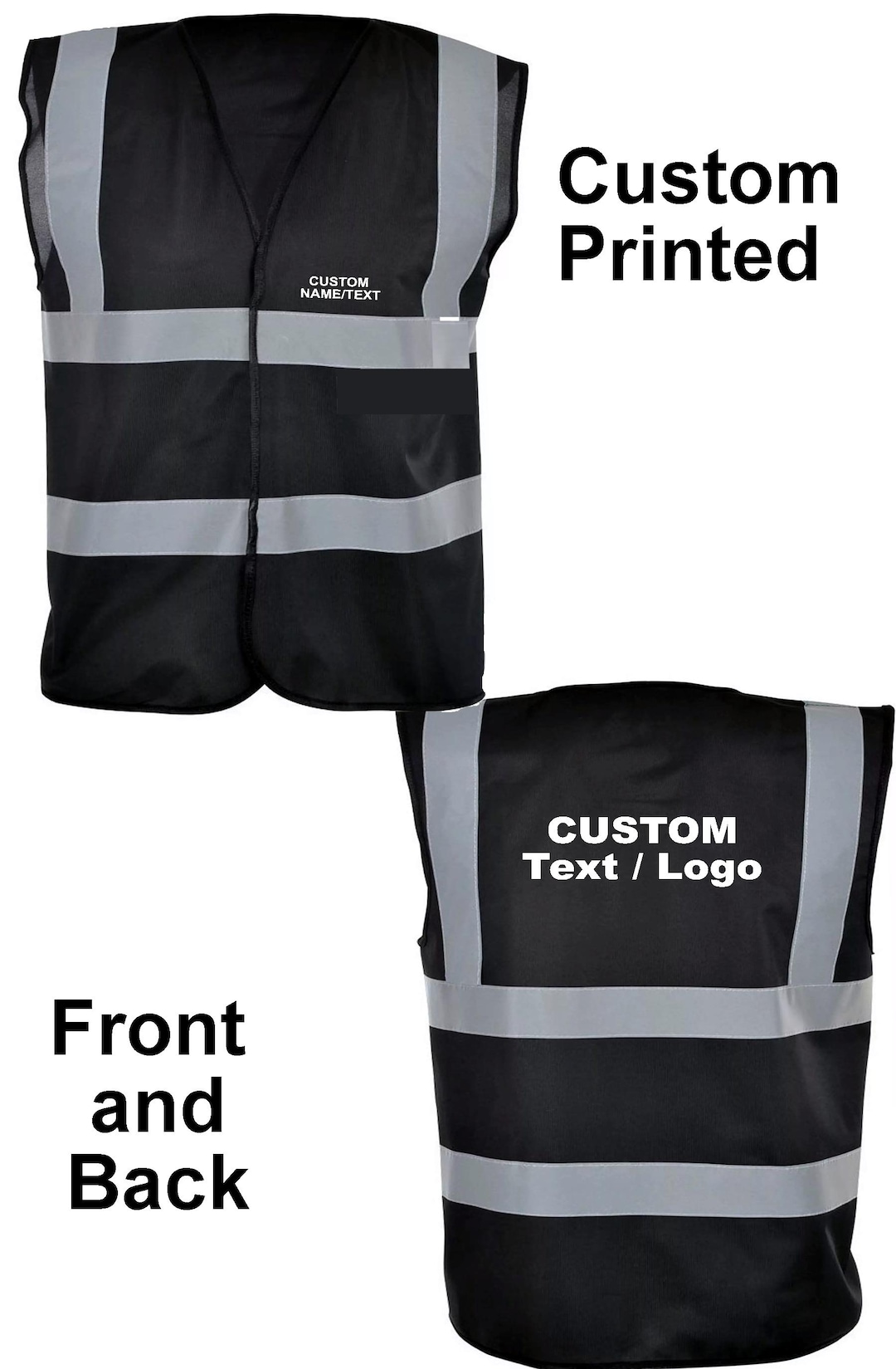 Black Vests Printed Hi Visibility Custom Name Logo or Security Print ...