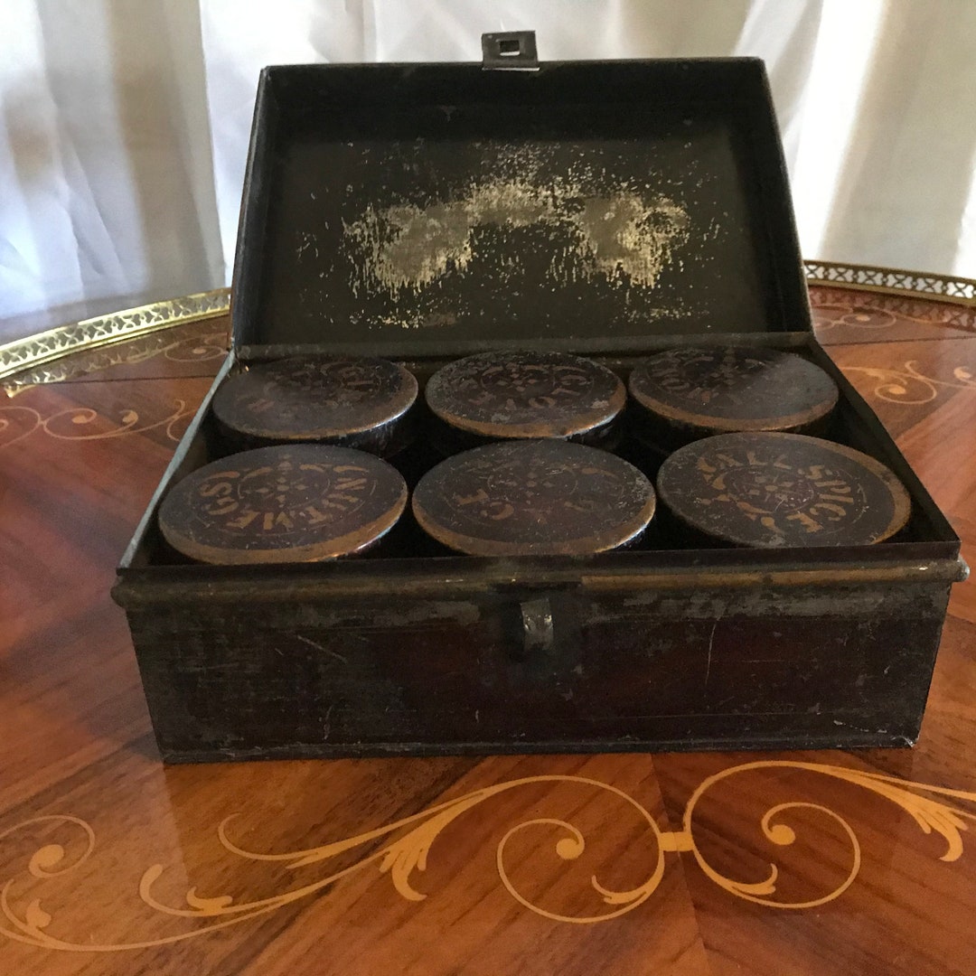 Antique TIN SPICE CANISTER Set in Travel Box, Spice Storage, Victorian ...