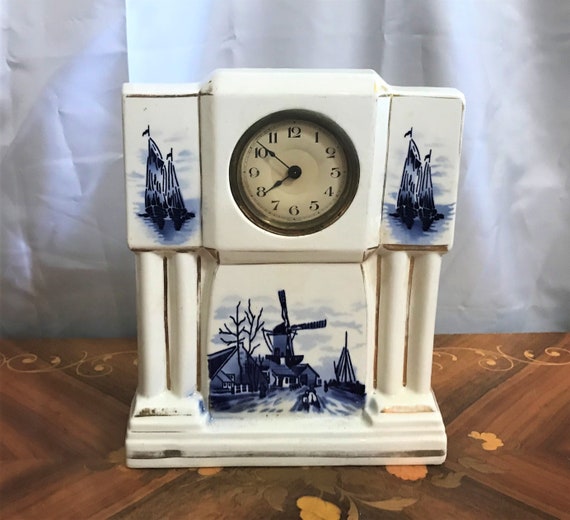 Vintage Delft Blue Mantle Clock Made in Germany Windmills - Etsy