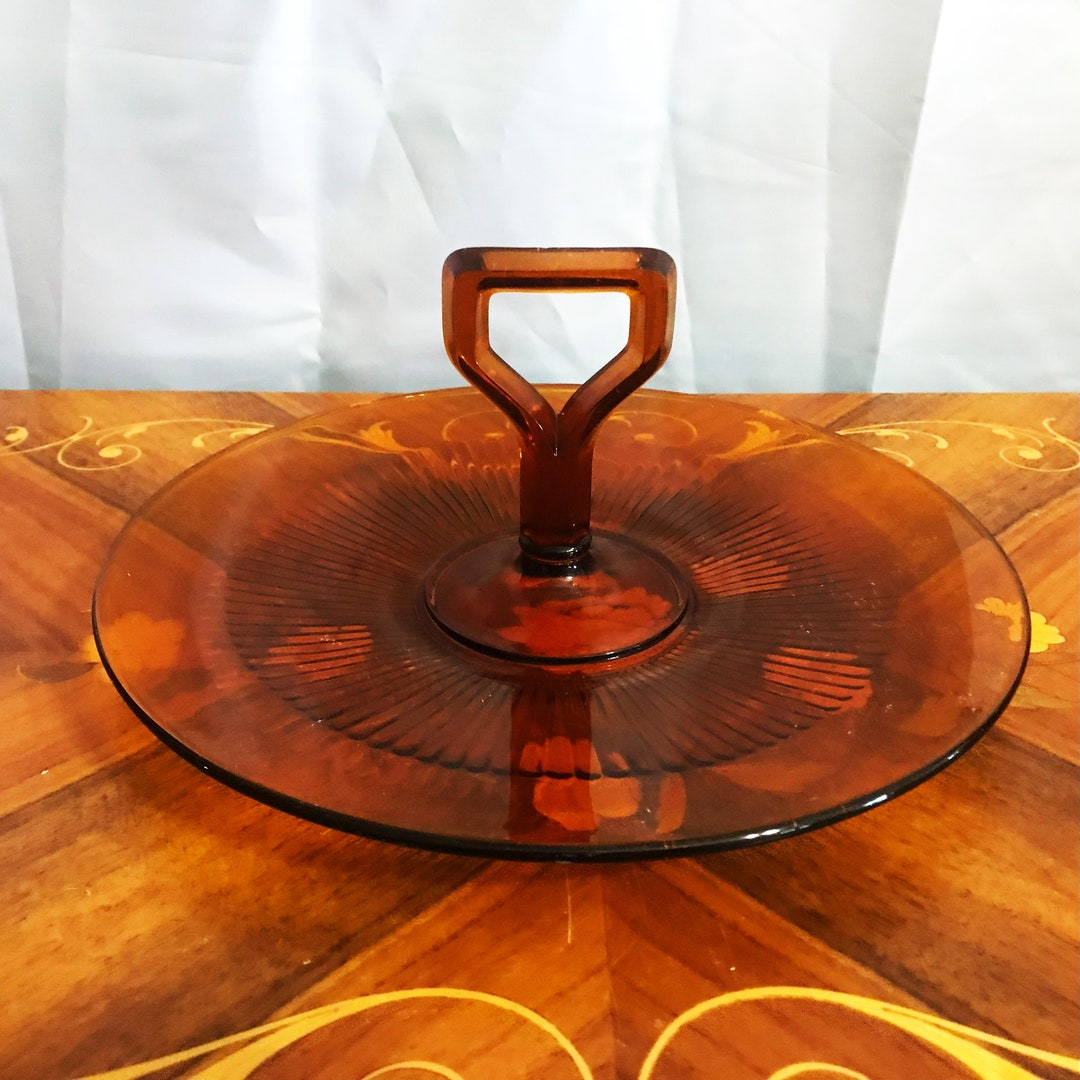 Vintage Amber Colored Depression Glass Center Handled Server, Sandwich ...
