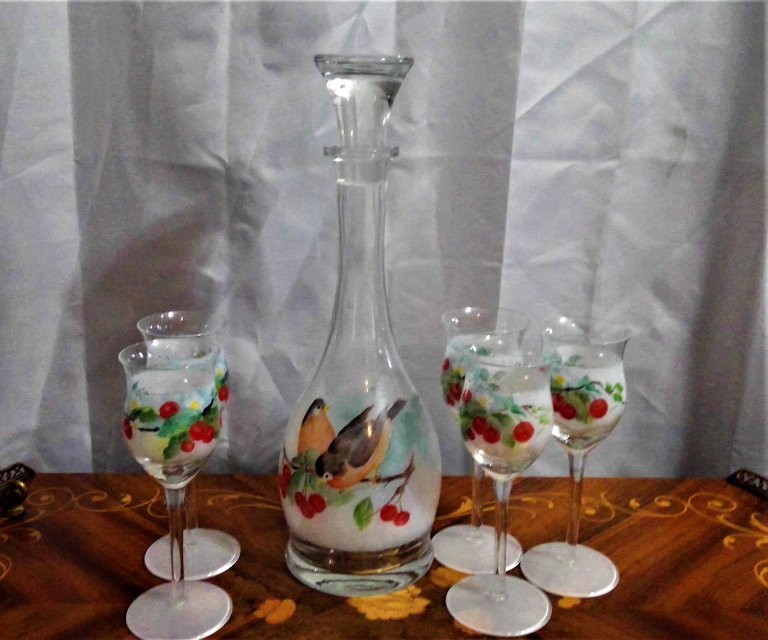Vintage Hand Painted Decanter and Five Footed Glasses - Etsy