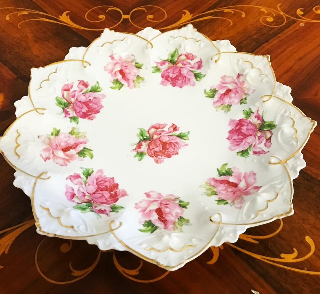 Antique M Z Austria 10 Inch Plate Ruffled Gold Edge Roses Pattern - Etsy