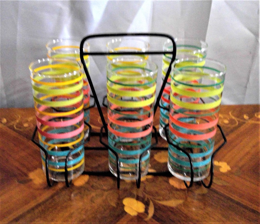 Six Vintage Striped Highball Glasses in a Black Metal Carrying Rack - Etsy