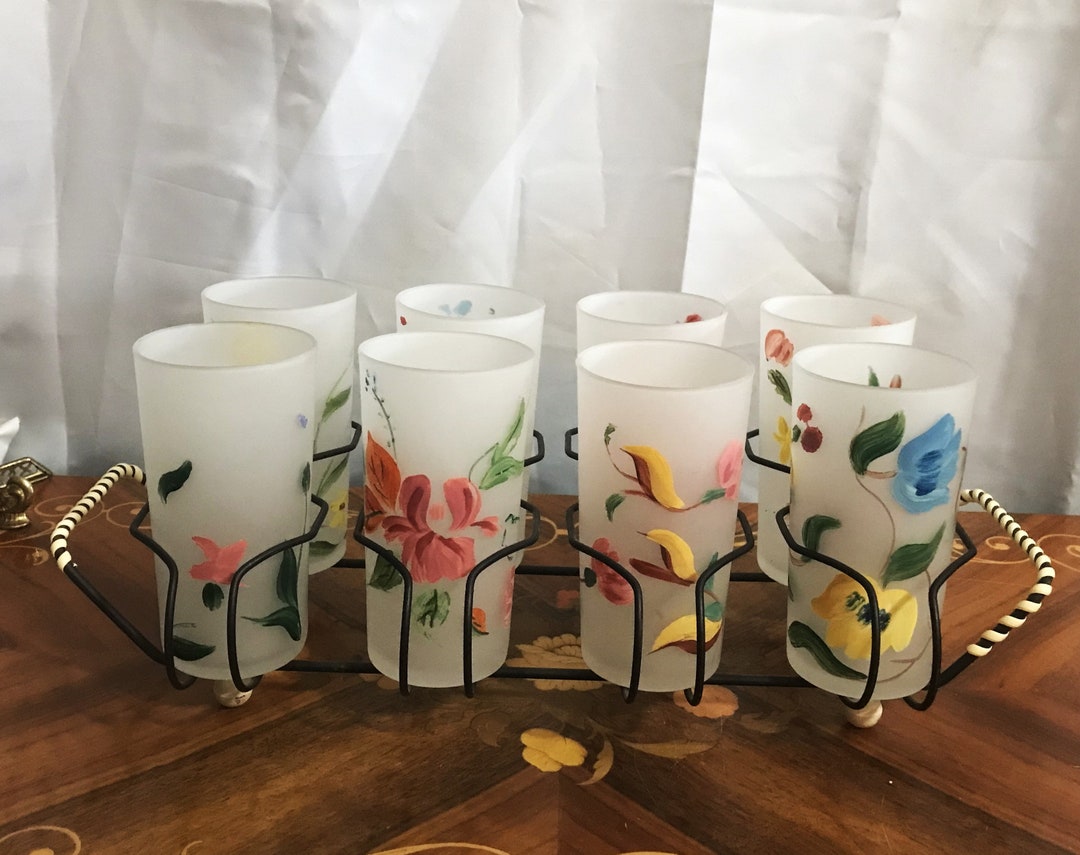 Vintage Satin Glass Hand Painted Highball in a Metal Carrying Rack - Etsy