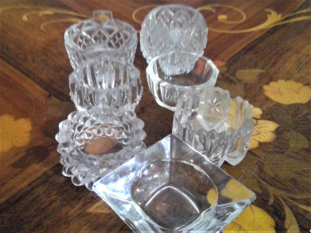 Seven Individual Clear Glass Salt Cellars, Salt Dips, Open Salts, Table ...