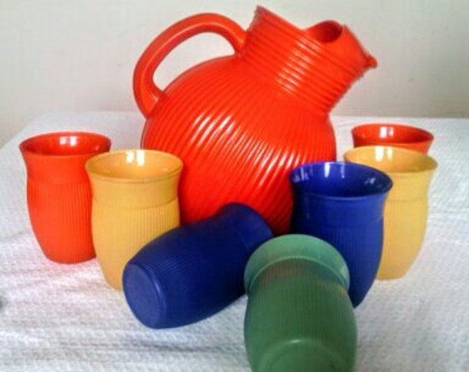 Vintage Anchor Hocking Fire King Ribbed Orange Tilt Ball Pitcher and 7 ...