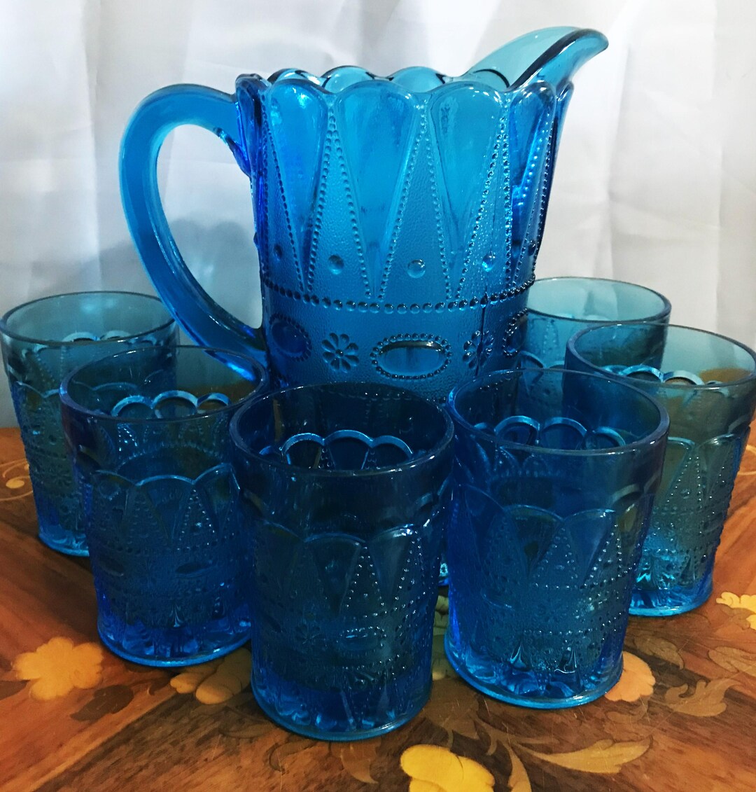 Kemple Wheaton Water Set Lace and Dewdrop Blue Pressed Glass Pitcher ...