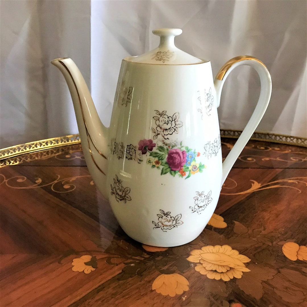 Vintage Fine China Coffee Pot With Roses and Gold Trim Dining - Etsy