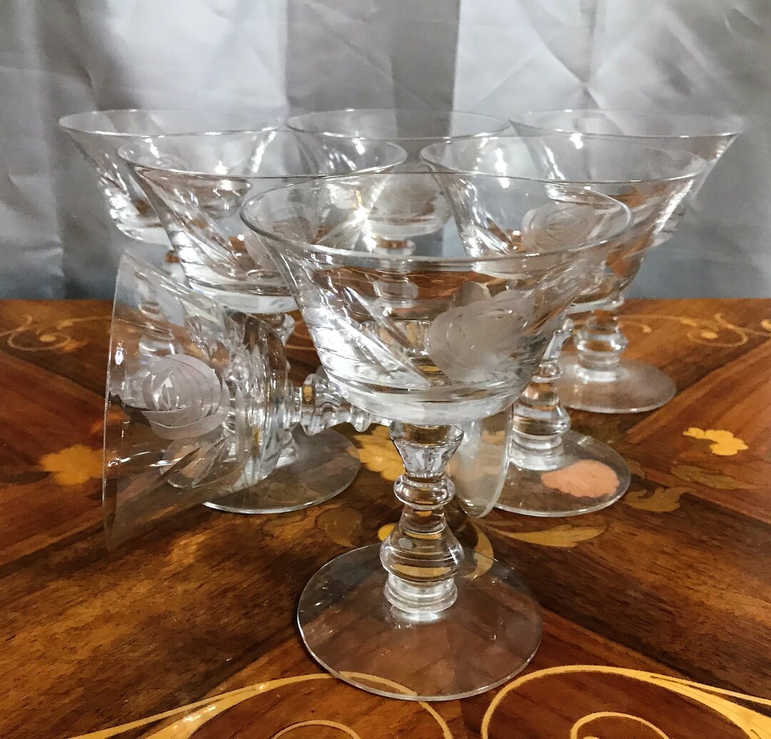 Vintage Set of Seven Fostoria Rose Etched Glass Champagne Glasses ...