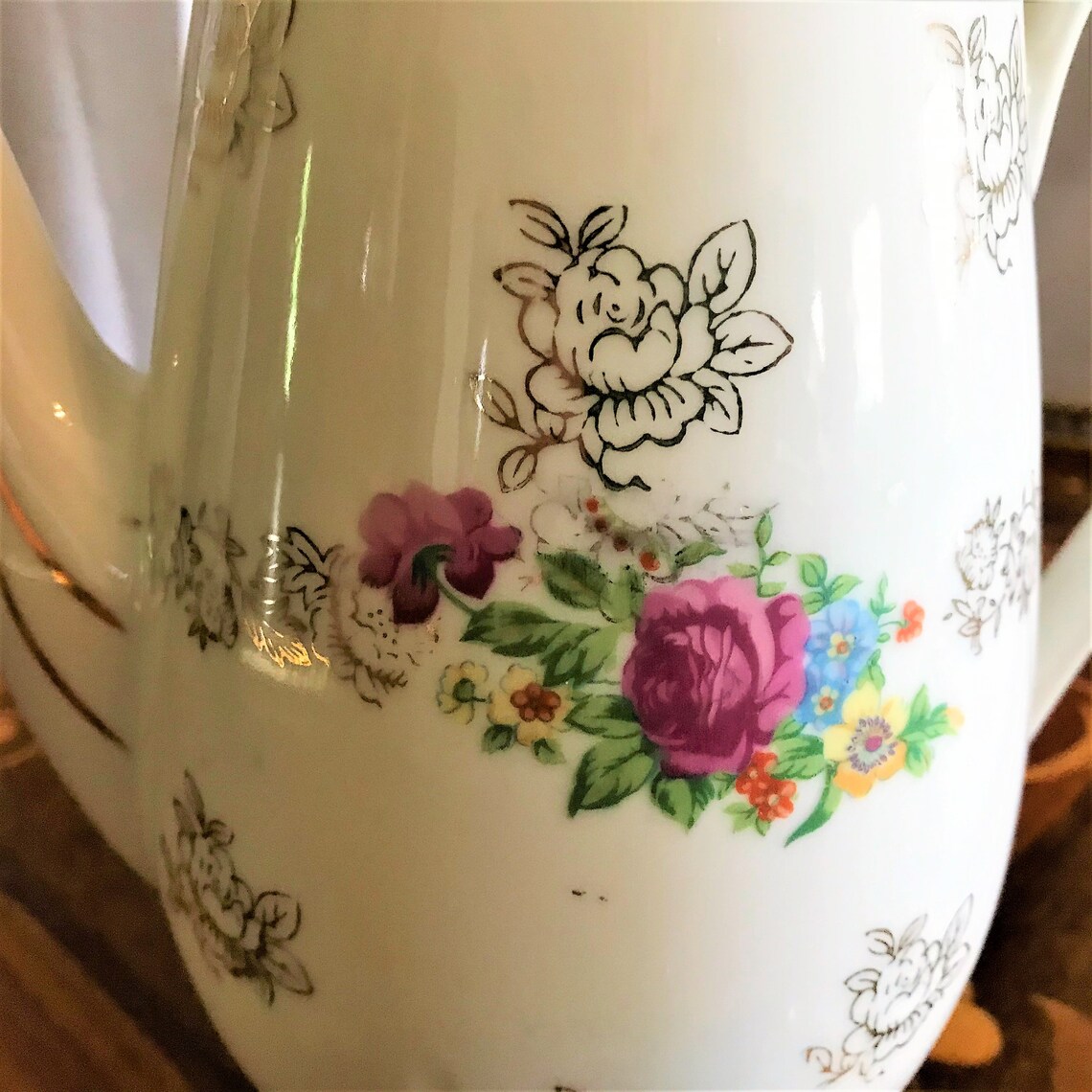 Vintage Fine China Coffee Pot With Roses and Gold Trim Dining | Etsy