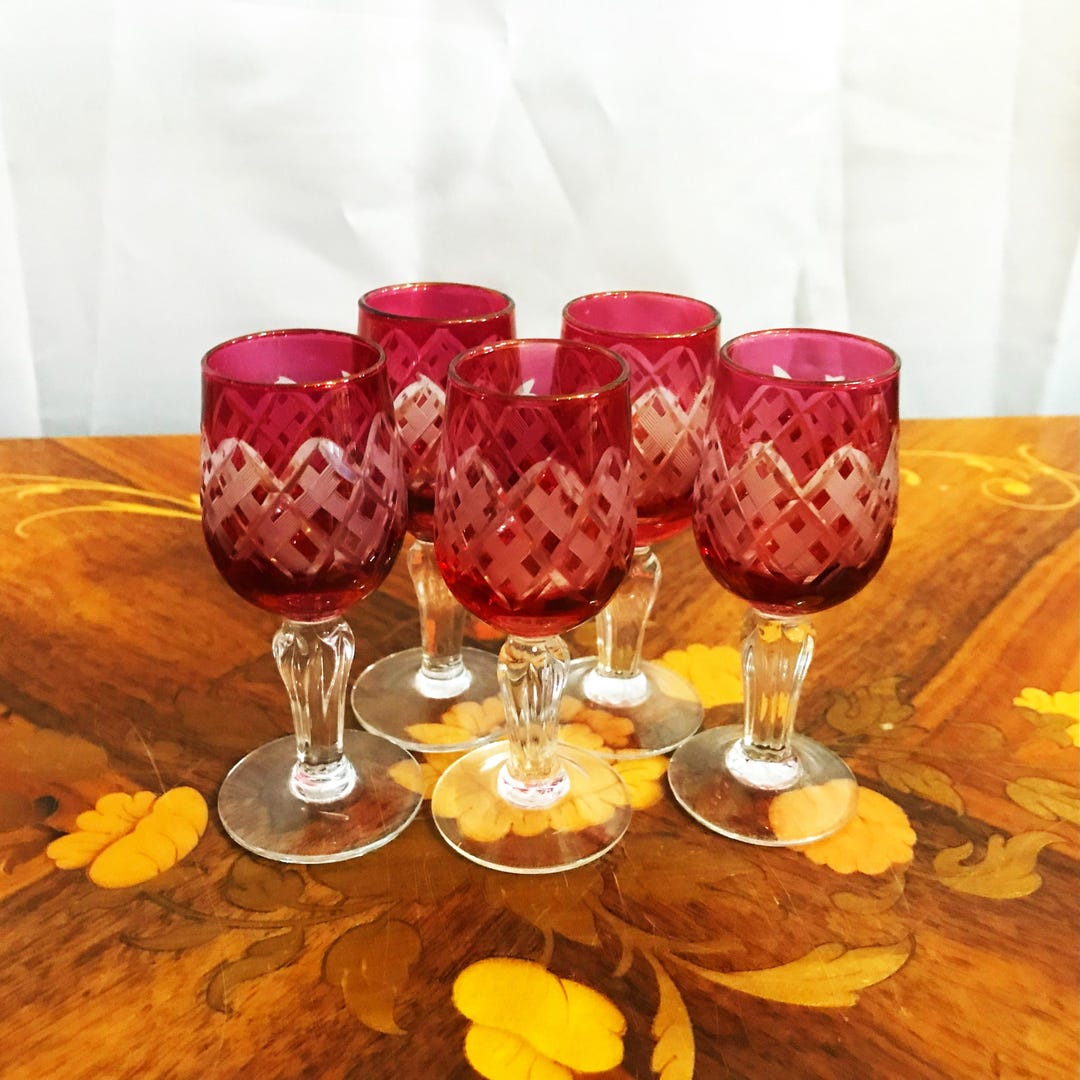 Five Bohemian Ruby Red Cut to Clear Crystal Small Cordials - Etsy