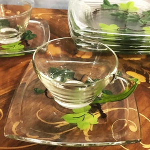 Vintage Hazel Atlas Gay Fad Ivy Glass Luncheon Plates, Set of 4, Cups ...