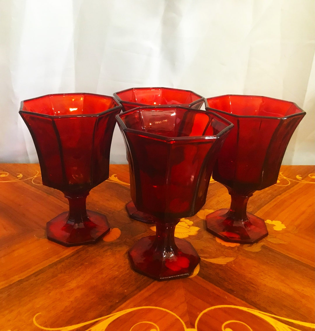 Four INDEPENDENCE Octagonal 6" Ruby Red 10 Oz Water or Wine Goblets ...