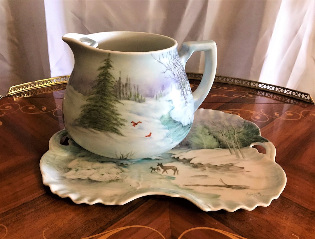 Vintage Hand Painted Pottery Pitcher and Tray: Winter Scene Signed ...