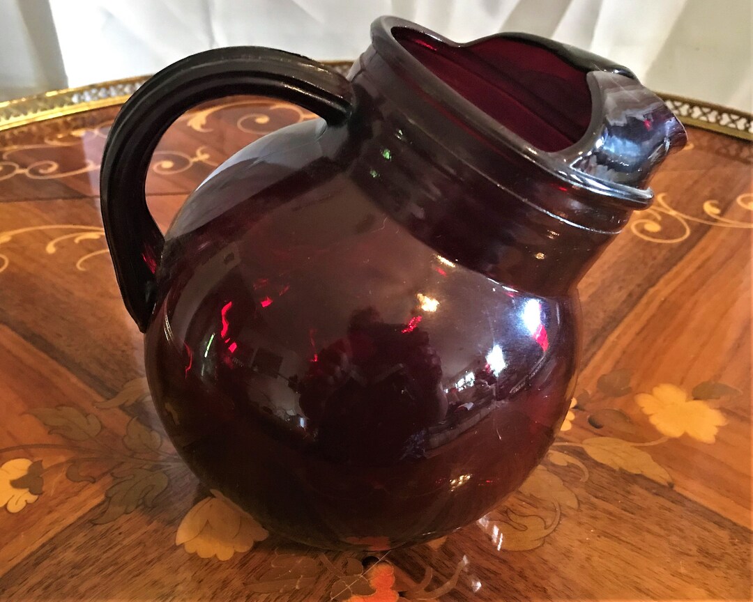 Ruby Red Mid Century Tilt Ball Pitcher With Ribs, Juice Pitcher, Red ...