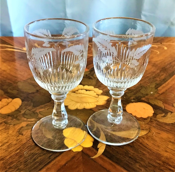 Two Vintage Etched Sherry Glasses or Cordials Barware Home | Etsy