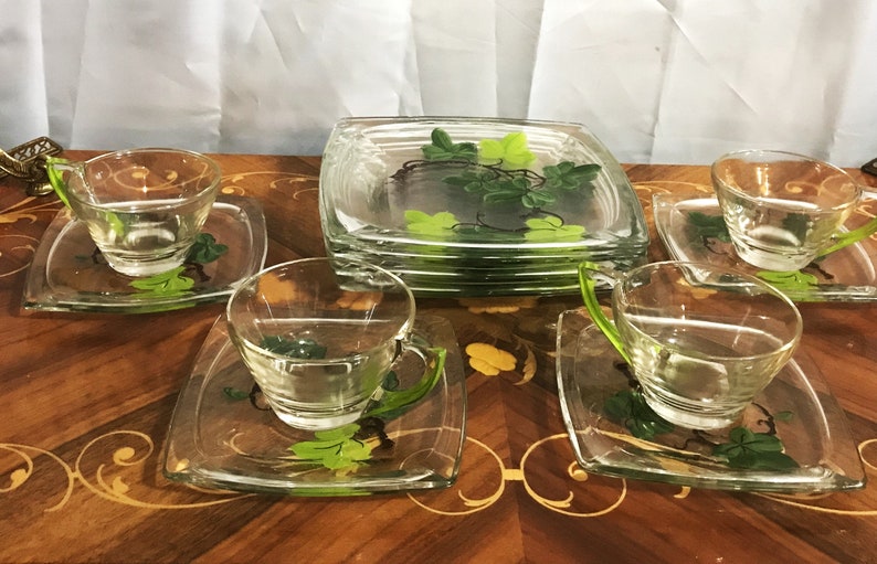 Vintage Hazel Atlas Ivy Glass Luncheon Set: Hand-painted Cups and ...