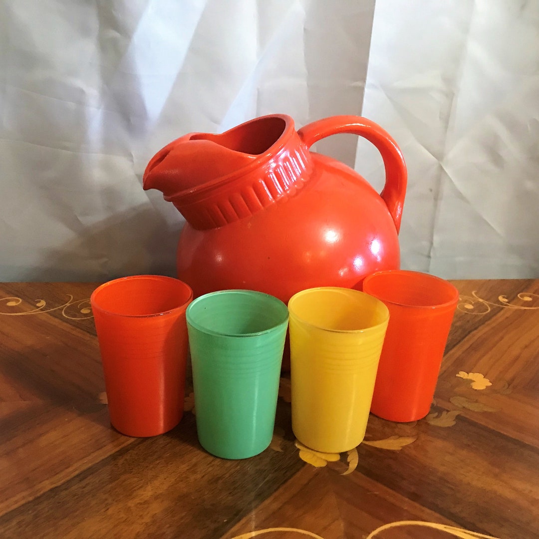 Vintage Anchor Hocking Red Orange Tilt Ball Pitcher and 4 Multi-colored ...