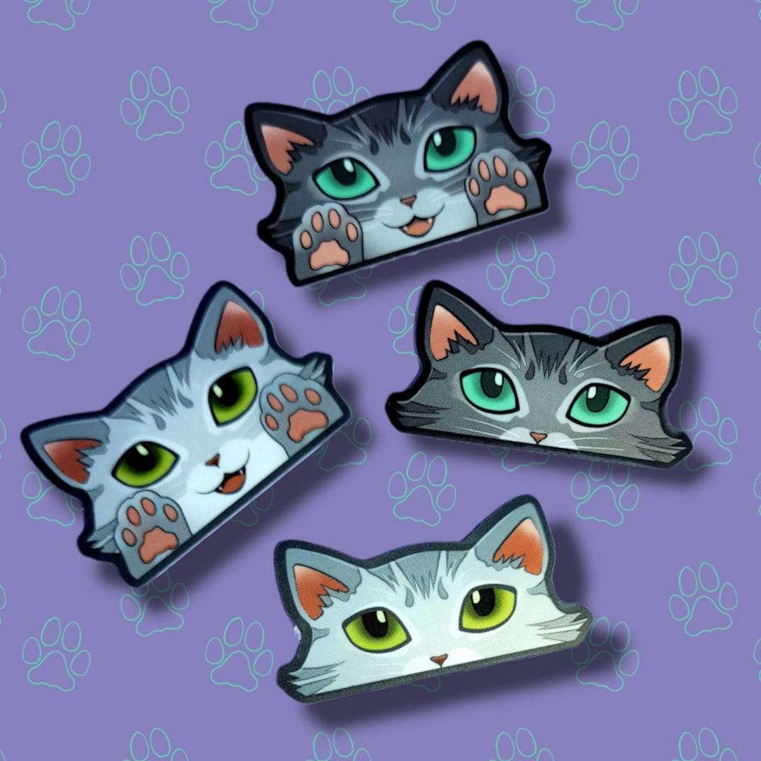 2 Pack Cat-mini-peekers Cat Peeking Stickers |cat Face and Paws| Silver-grey 2"x1.05"-2"x1.30 ...
