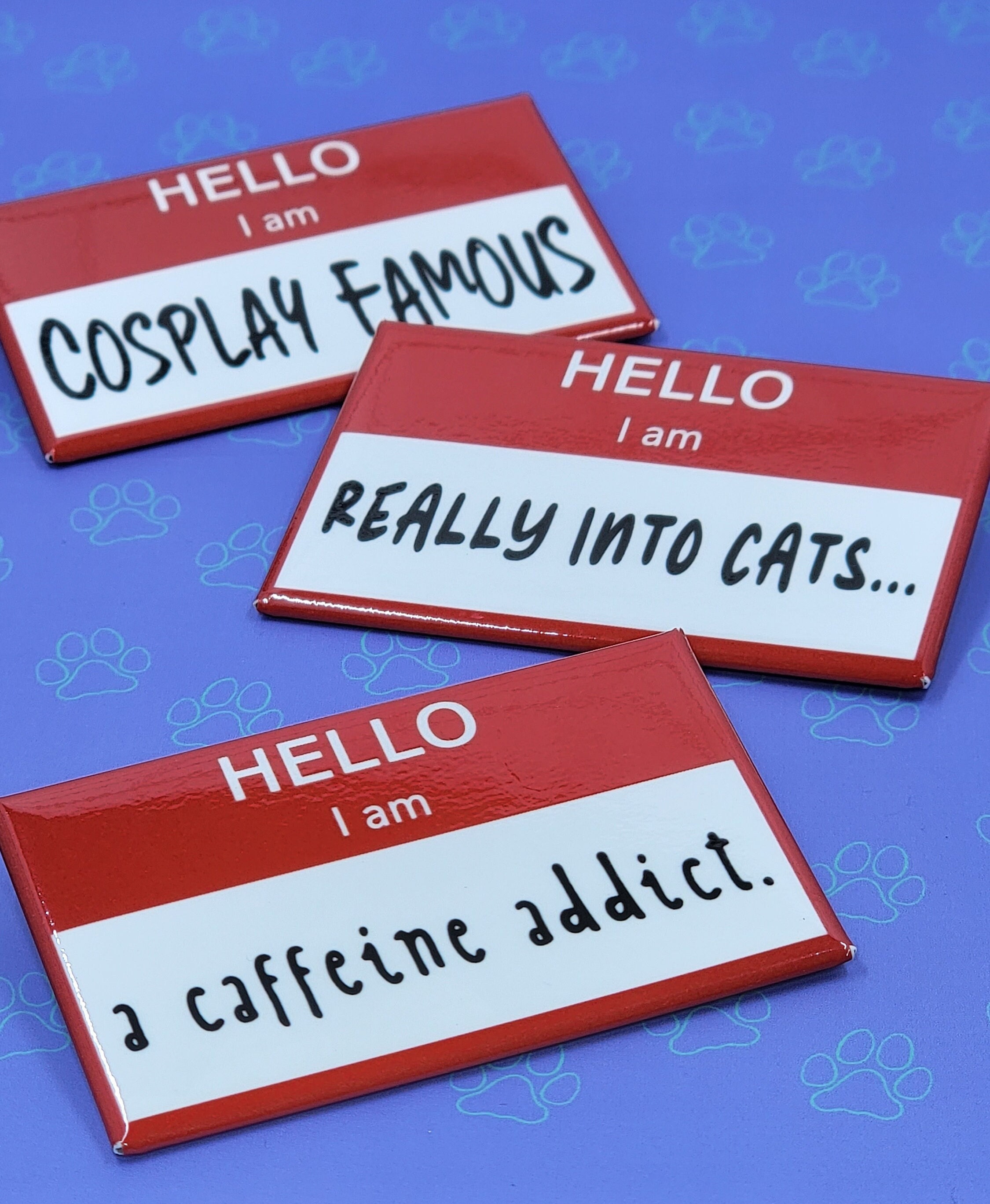 Funny Hello I Am Button: Caffeine Addict, Cat Lover, Cosplay Famous - Etsy