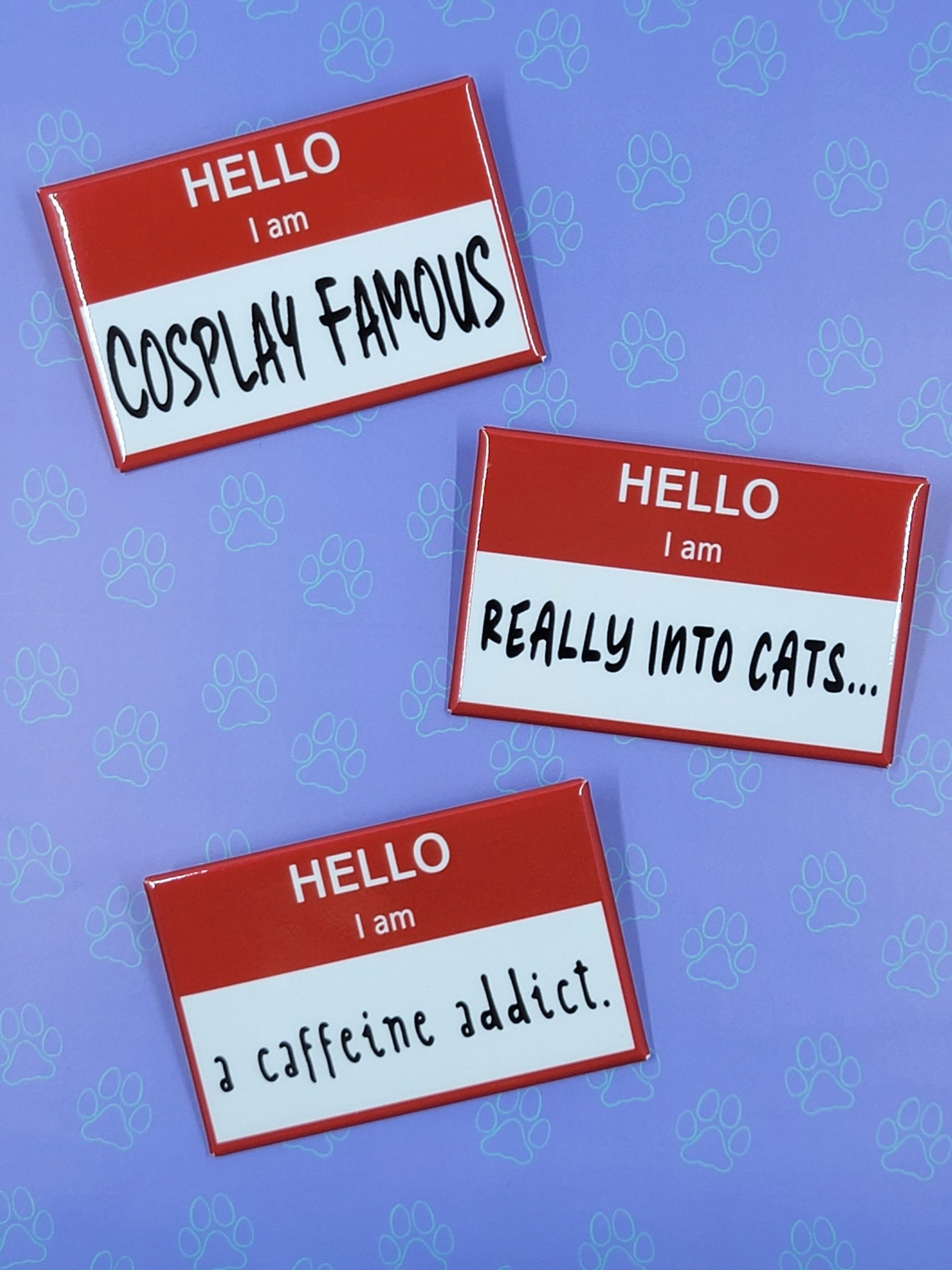 Funny Hello I Am Button: Caffeine Addict, Cat Lover, Cosplay Famous - Etsy