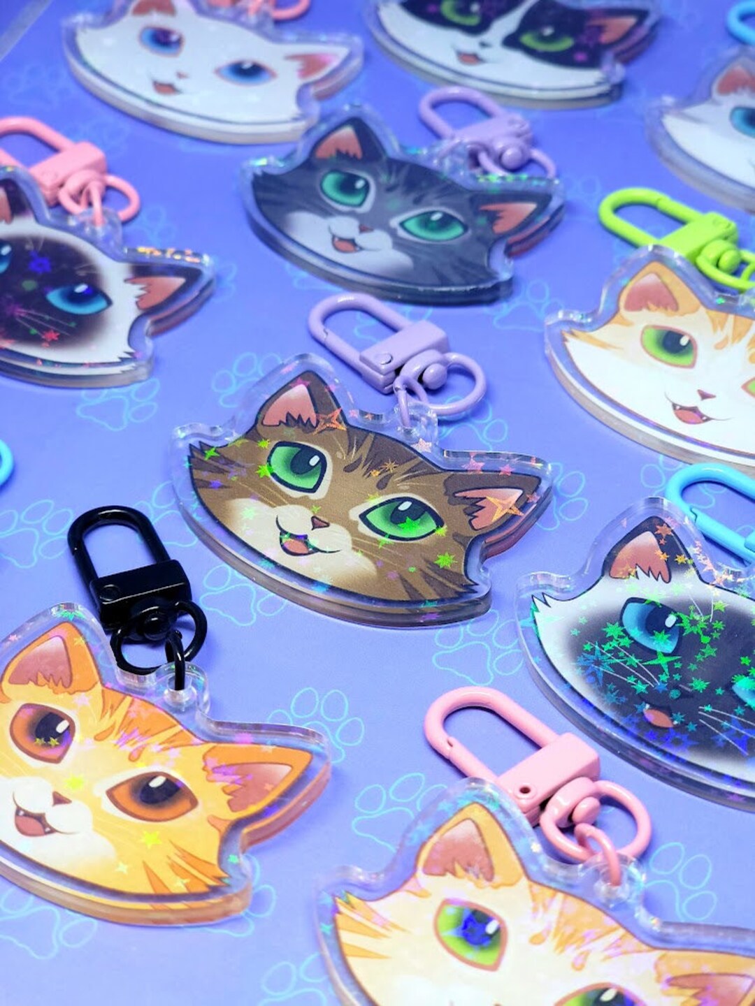 Holographic Star Cat Face Keychain - Double Sided Acrylic Charm - Etsy
