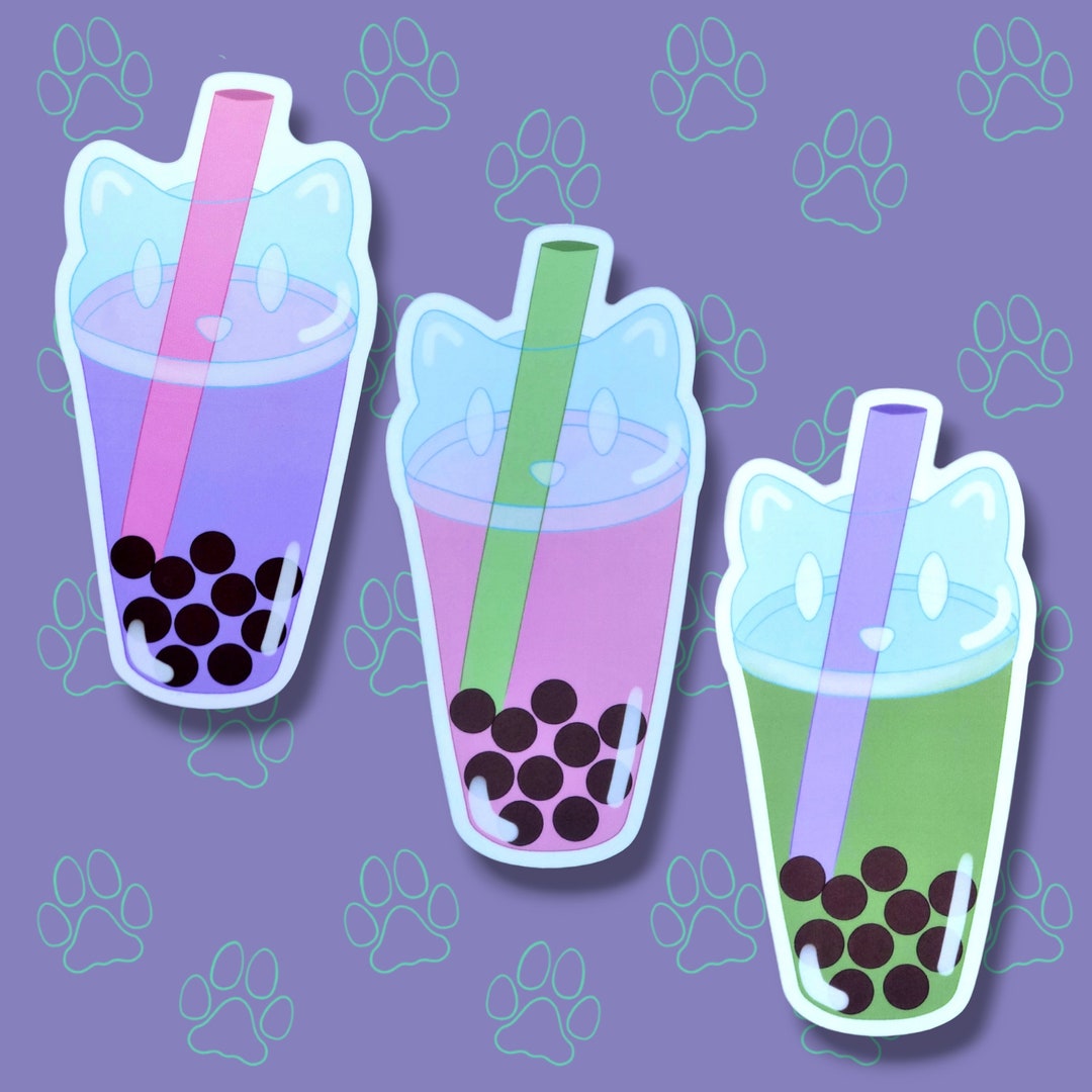 Kawaii Boba Cat Sticker: Taro, Strawberry, Matcha - Waterproof Matte ...
