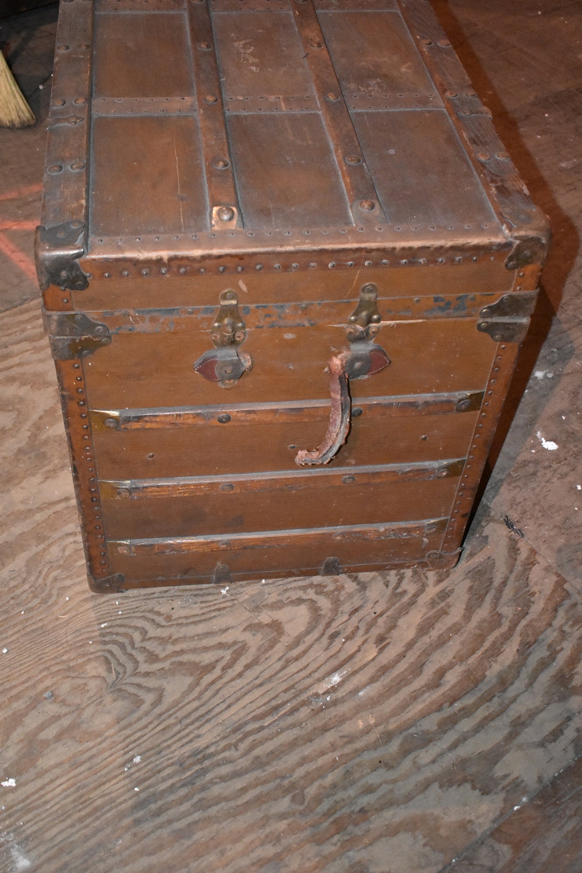 Antique Flat Top Wood Slat Brown Trunk Primitive Railroad - Etsy