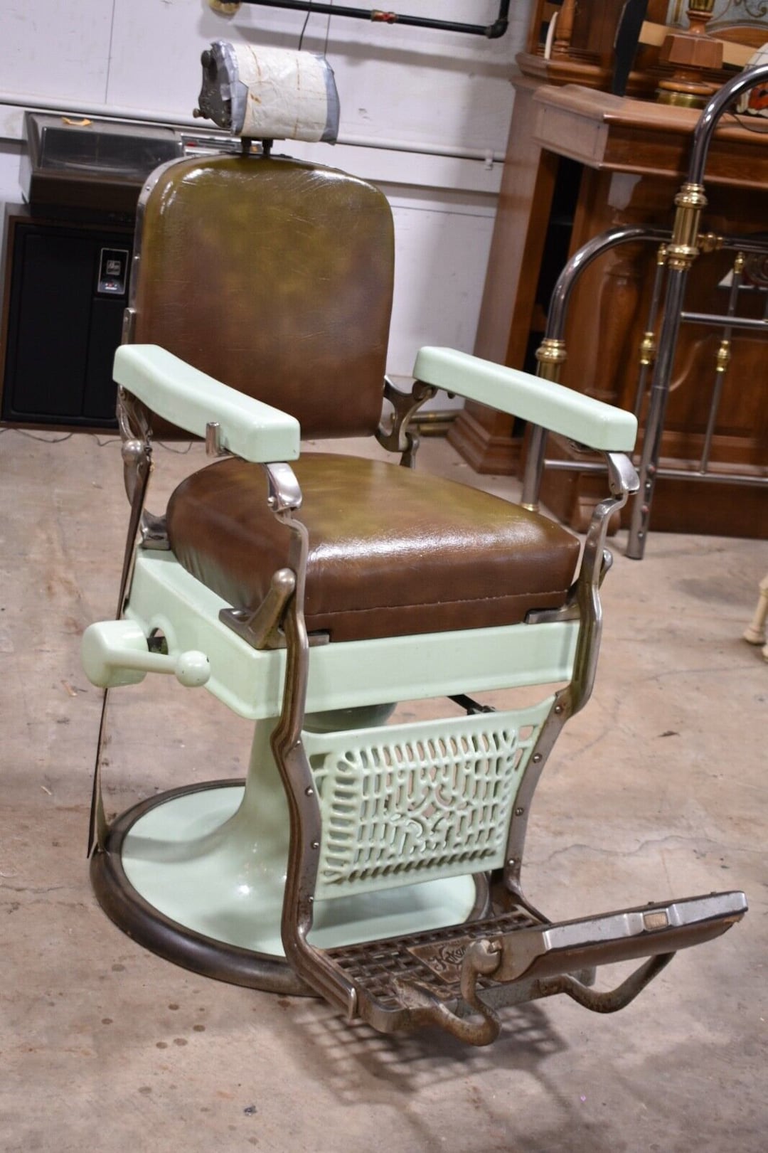 Vintage Koken Barber Chair Green Porcelain & Brown Leather - Etsy