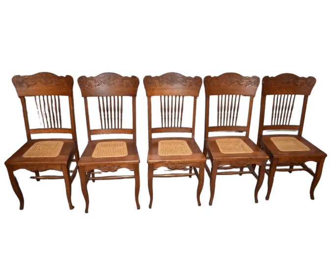 Antique Oak Pressback Dining Room Cain Seat Chairs, Set of 5 Pressed ...