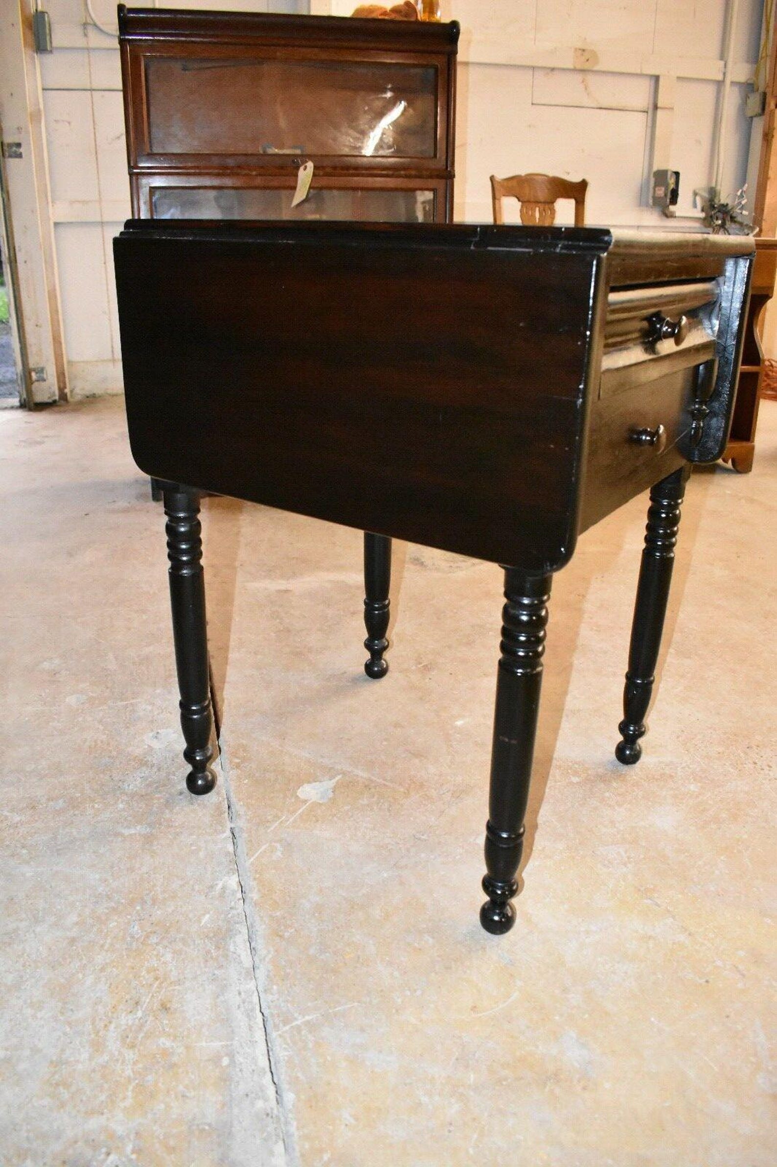 Antique Empire Style Drop Sides Table With Turned Legs Dark Ebonized ...