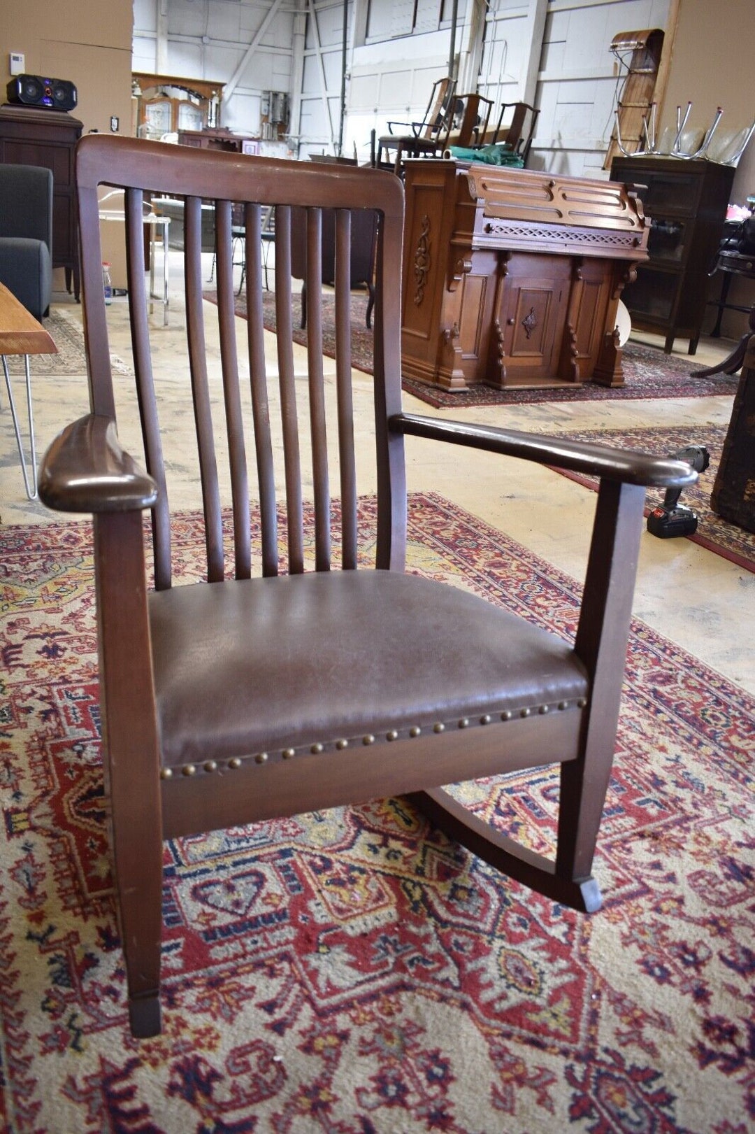 Antique Mahogany Leather Upholstered Rocking Chair Rocker - Etsy
