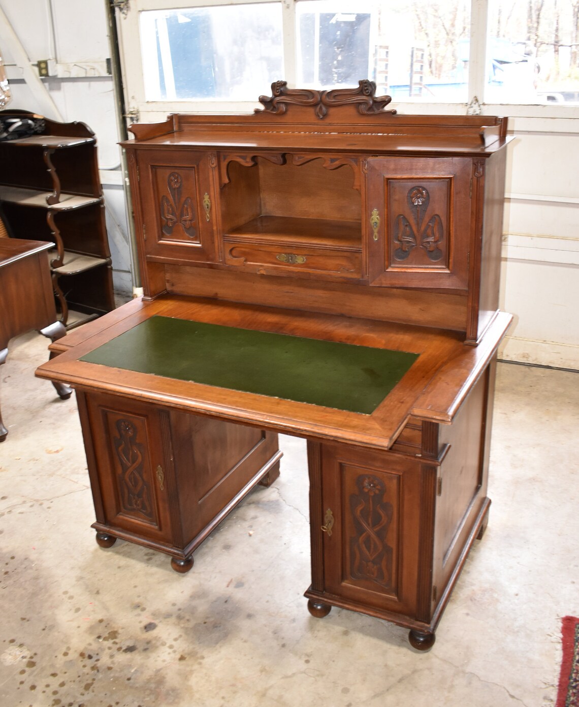 North German Walnut Jugendstil Desk Large Leather Top Home | Etsy