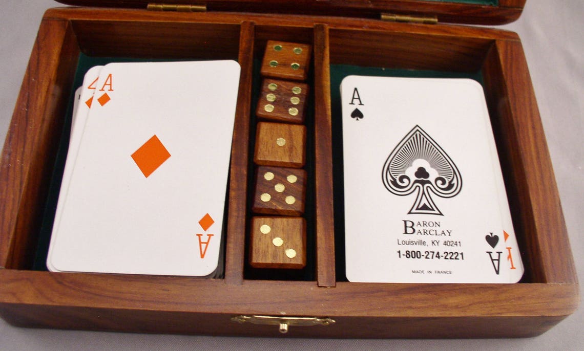 Mid-century Inlaid Gaming Box With Hardwood Dice With Brass - Etsy
