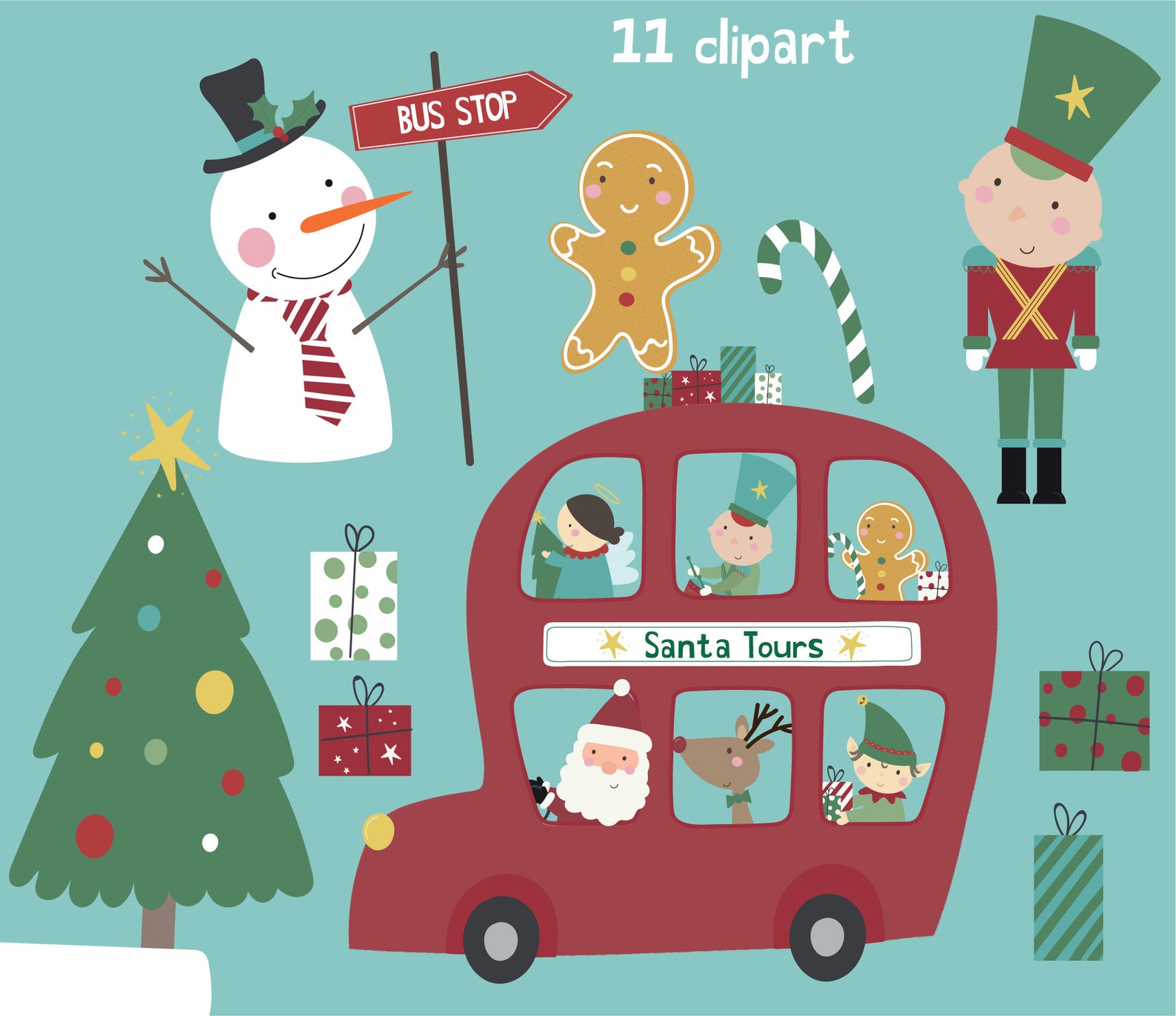 Santa Tours christmas bus santa christmas winter clipart | Etsy