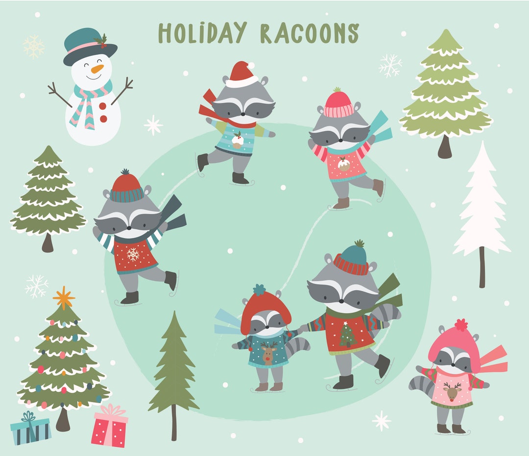 Holiday Racoons, Christmas Racoons, Winter Clipart, Printable Digital ...