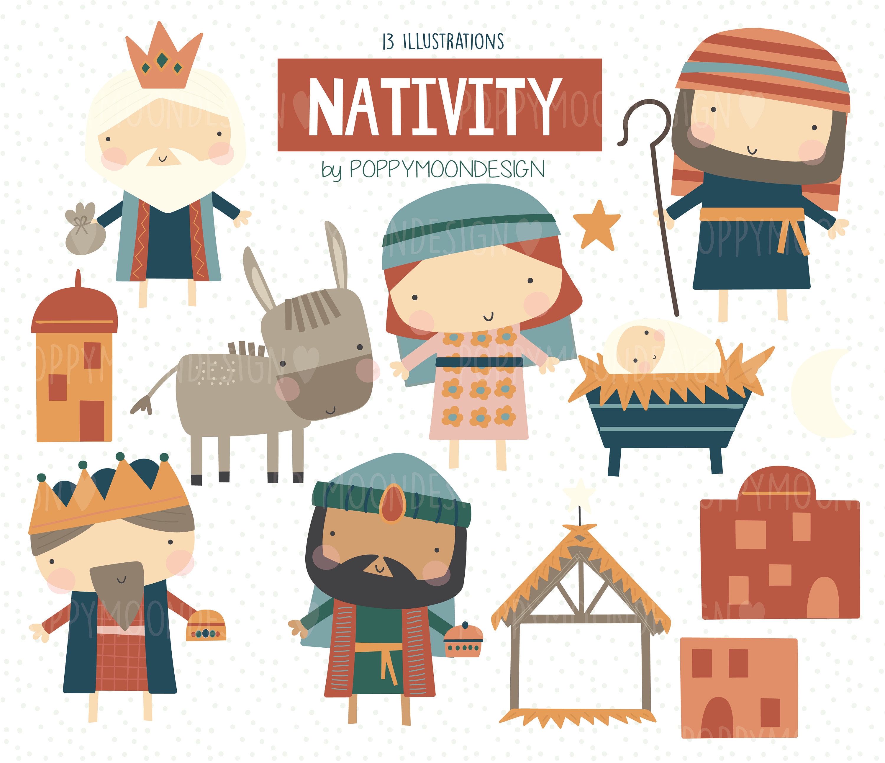 Nativity Festive Illustrations Printable Digital Clipart Set - Etsy